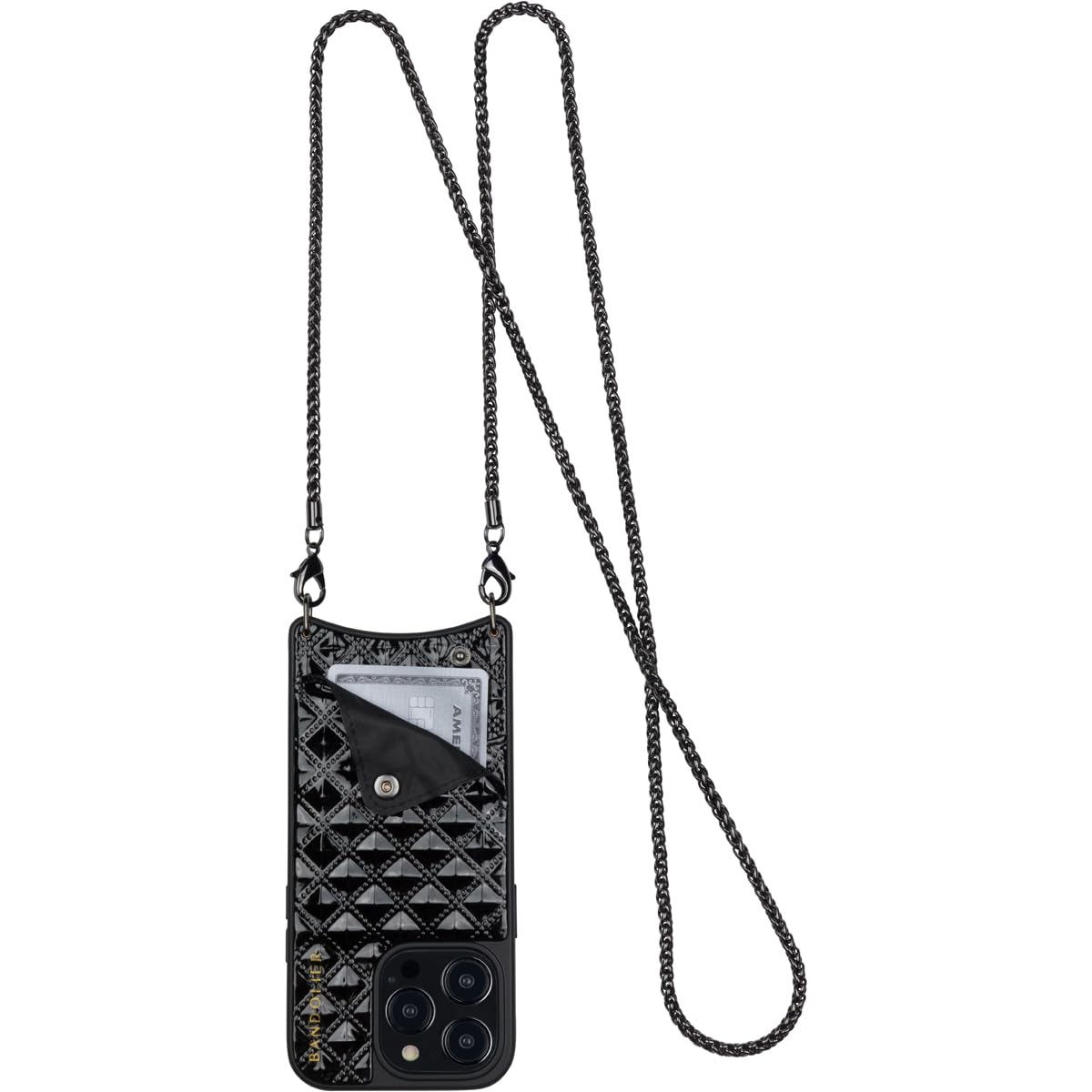 Bandolier Sheila Crossbody Phone Case and Wallet for iPhone 14 Pro - Pyramid Studded Creme Vegan Leather with Gold Detail