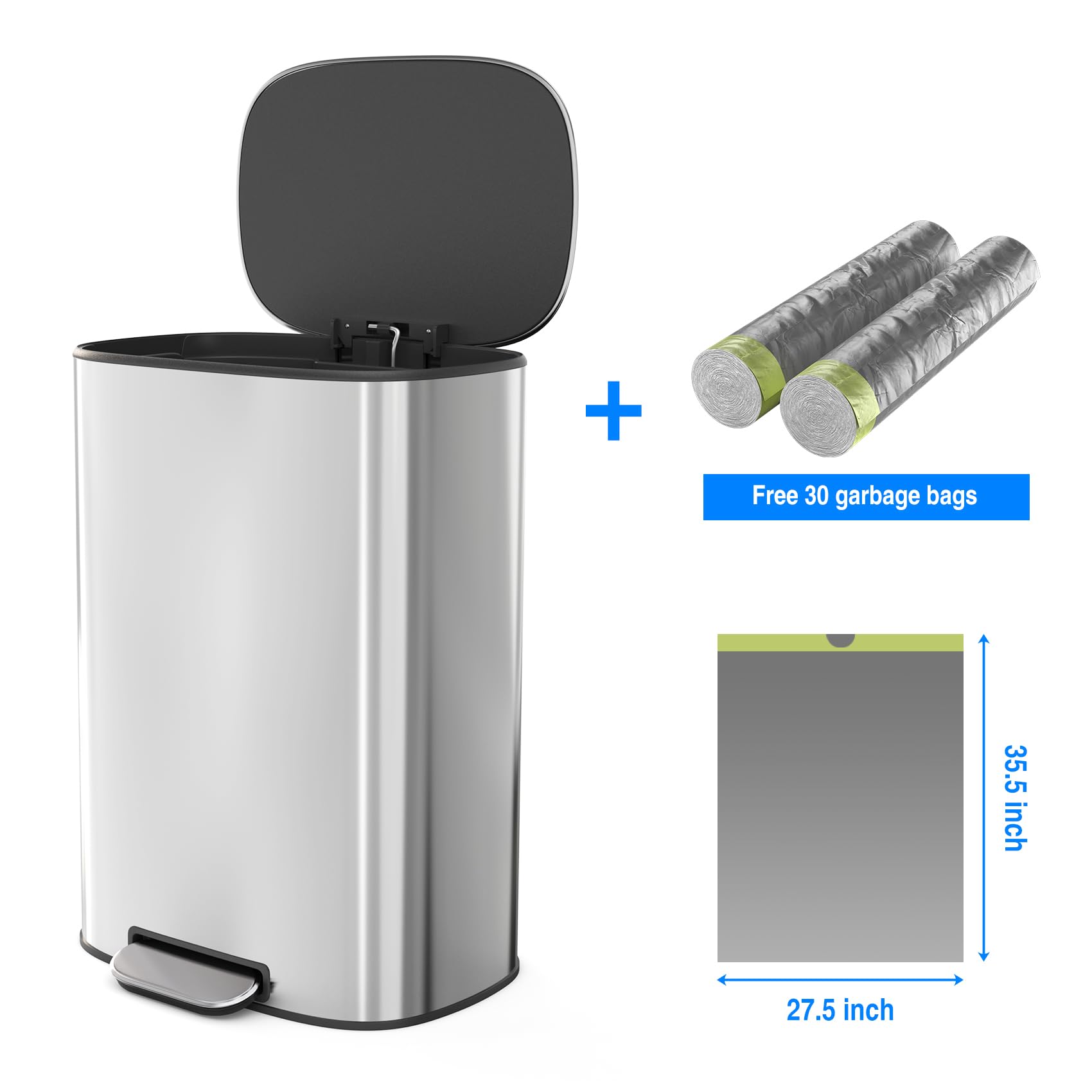Fulocseny Oval Pedal Trash Can, 13 Gallon/50L, Soft-Close Silent Lid and 30 Garbage Bags, Stainless Steel Thickened Body Garbage Can for Kitchen, Commercial, Office, Living Room - Silver
