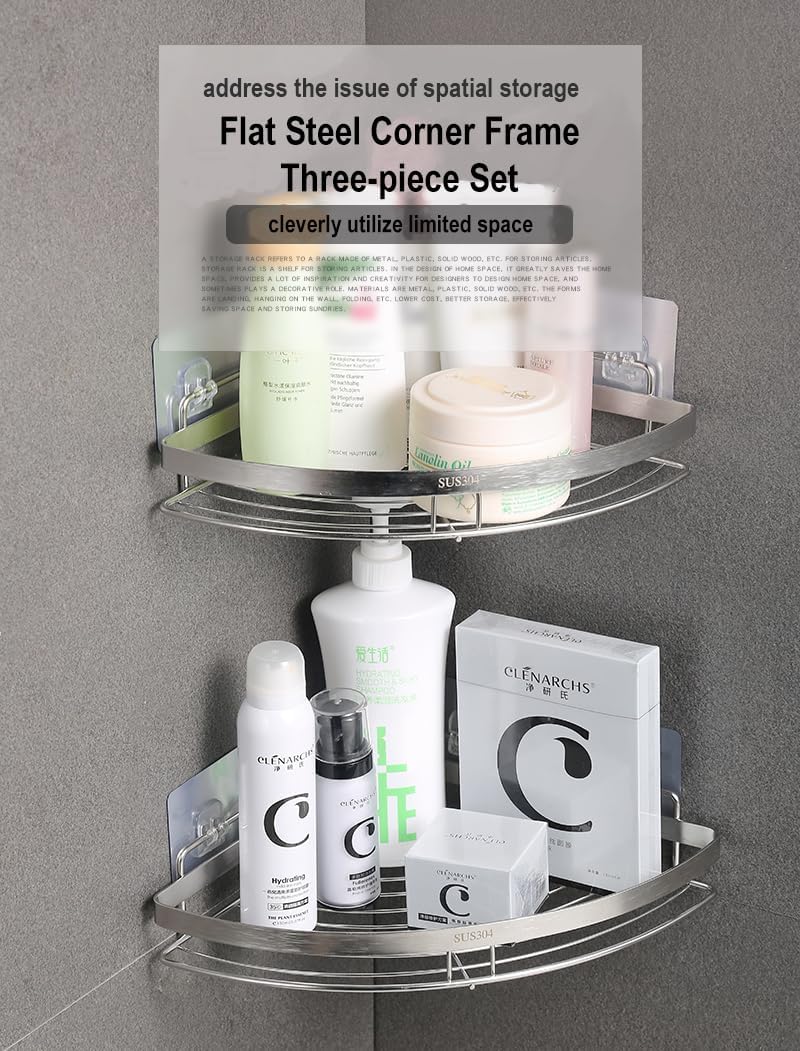 Corner Shower Shelves Stainless Steel, Bathroom Shower Caddy Corner, Adhesive Shower Caddy Basket Rack with Hooks, Rust Proof for Bathroom Shelf Shampoo Holder, for Toilet, Dorm and Kitchen, Silver