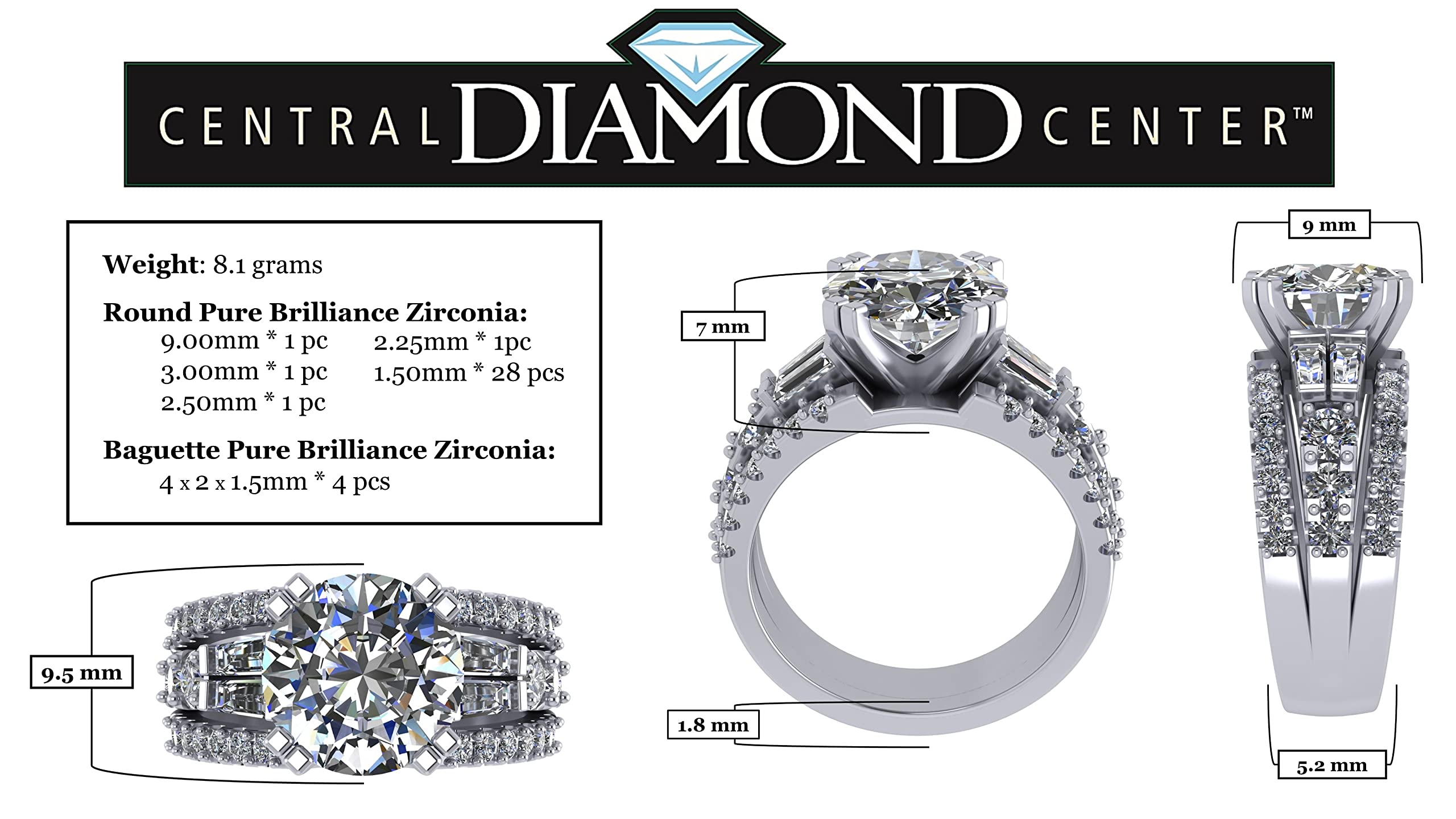Central Diamond Center Sterling Silver Round & Baguette Engagement Ring with a 9.00mm - 3.00ct Round Center Stone - Size 4.5