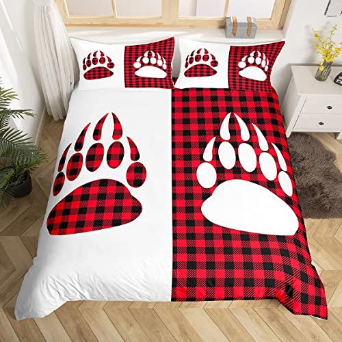 Manfei Kids Bear Paw Print Duvet Cover Set Full Size, Wildlife Footprint Bedding Set 3pcs for Boys Girls Room Decor, Red Black Plaid Print Comforter Cover Animal Theme Quilt Cover with 2 Pillowcases