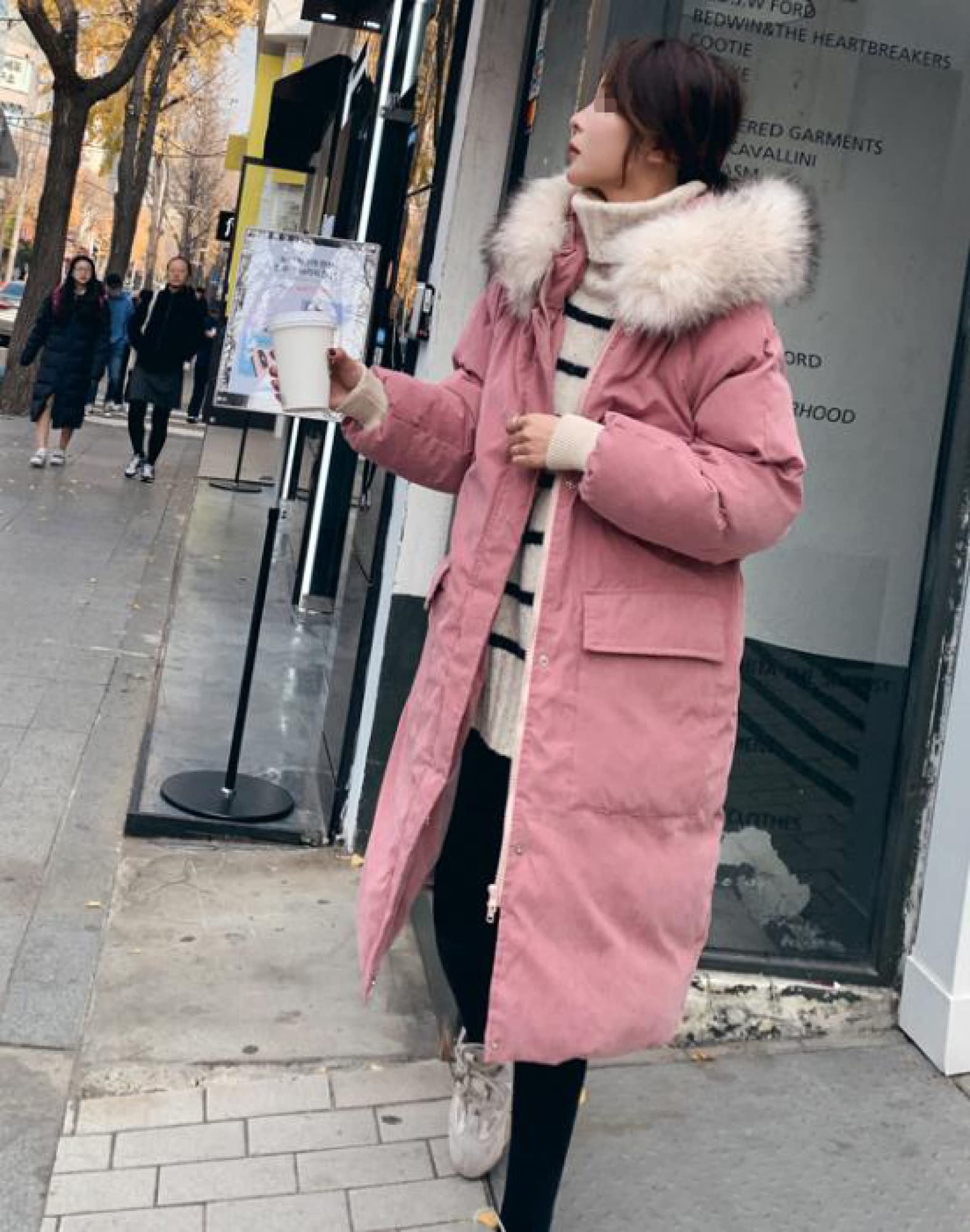 BLFYQB Female Cotton Corduroy Winter Nagymaros Collar in The Long Section Thicken Hooded Jacket Coat Students Soft and Comfortable/Pink/L