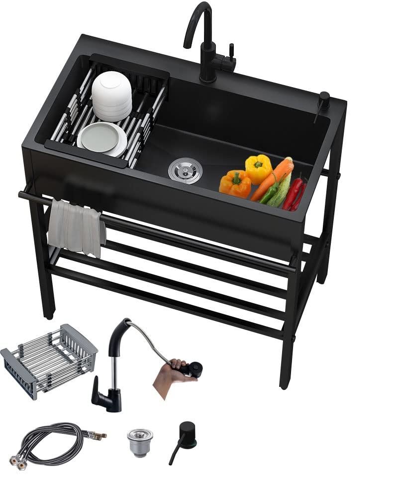 Stainless steel black utility sink, stainless steel, kitchen sink,Eco-friendly paint-free integrated sink with drainer basket, pull-out faucet, drainpipe and filter basket, (Size : 17.7"*32"(45cm*80c
