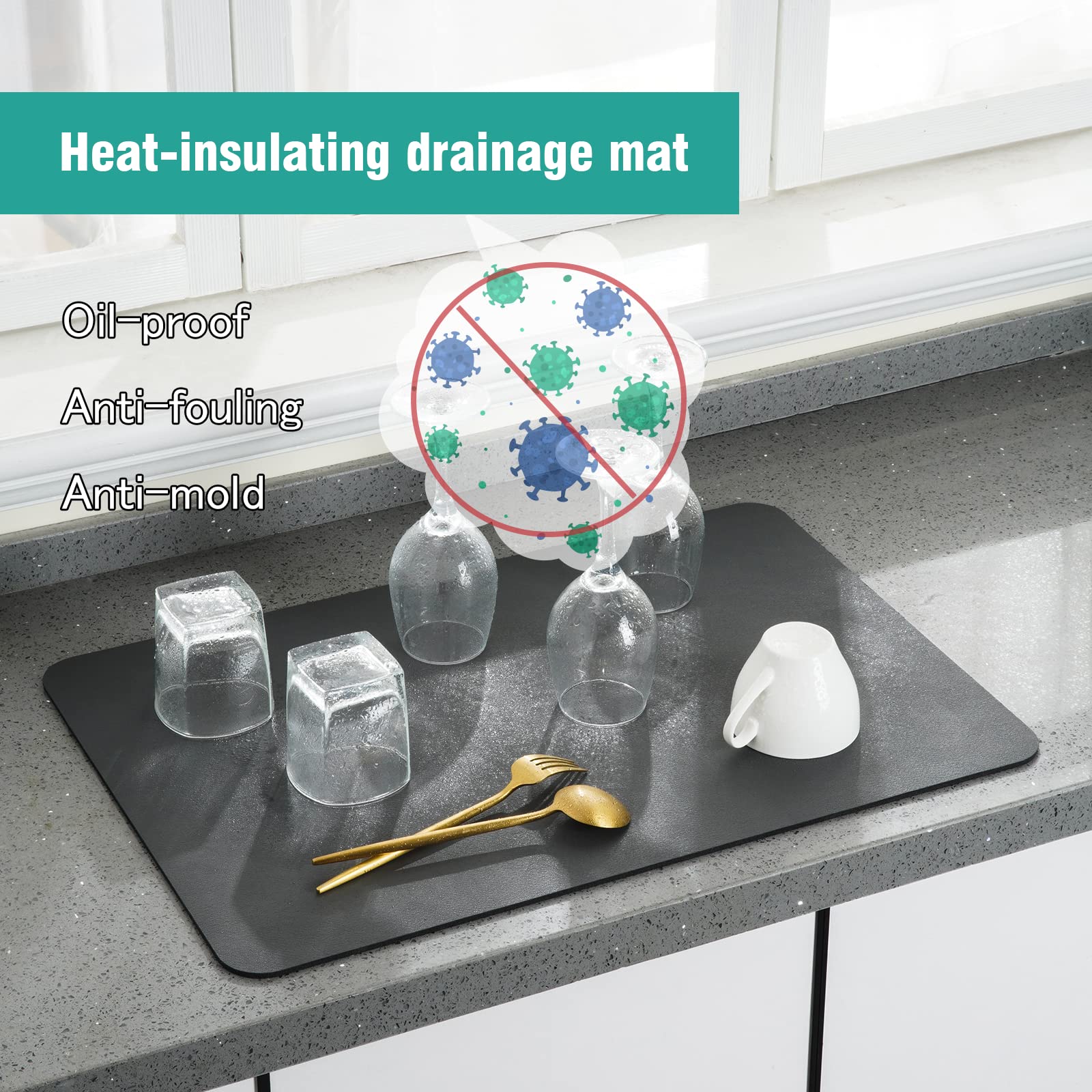 Coffee Mat Dish Drying Mat for Kitchen Counter, Hide Stain Absorbent Rubber Backed Quick Drying Mat Fit Under Coffee Maker Espresso Machine, Coffee Bar Accessories Bar Mat(16" X 12",Dark Grey)
