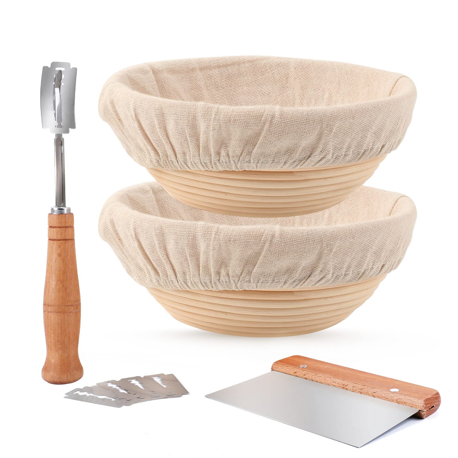 DOYOLLA Proofing Baskets for Sourdough Bread Making, Dough Proofing Bowls Kit with Cloth Liner + Scoring Lame + Scraper for Professional & Home Sourdough Bakers (Round,8.5 inch,Set of 2)