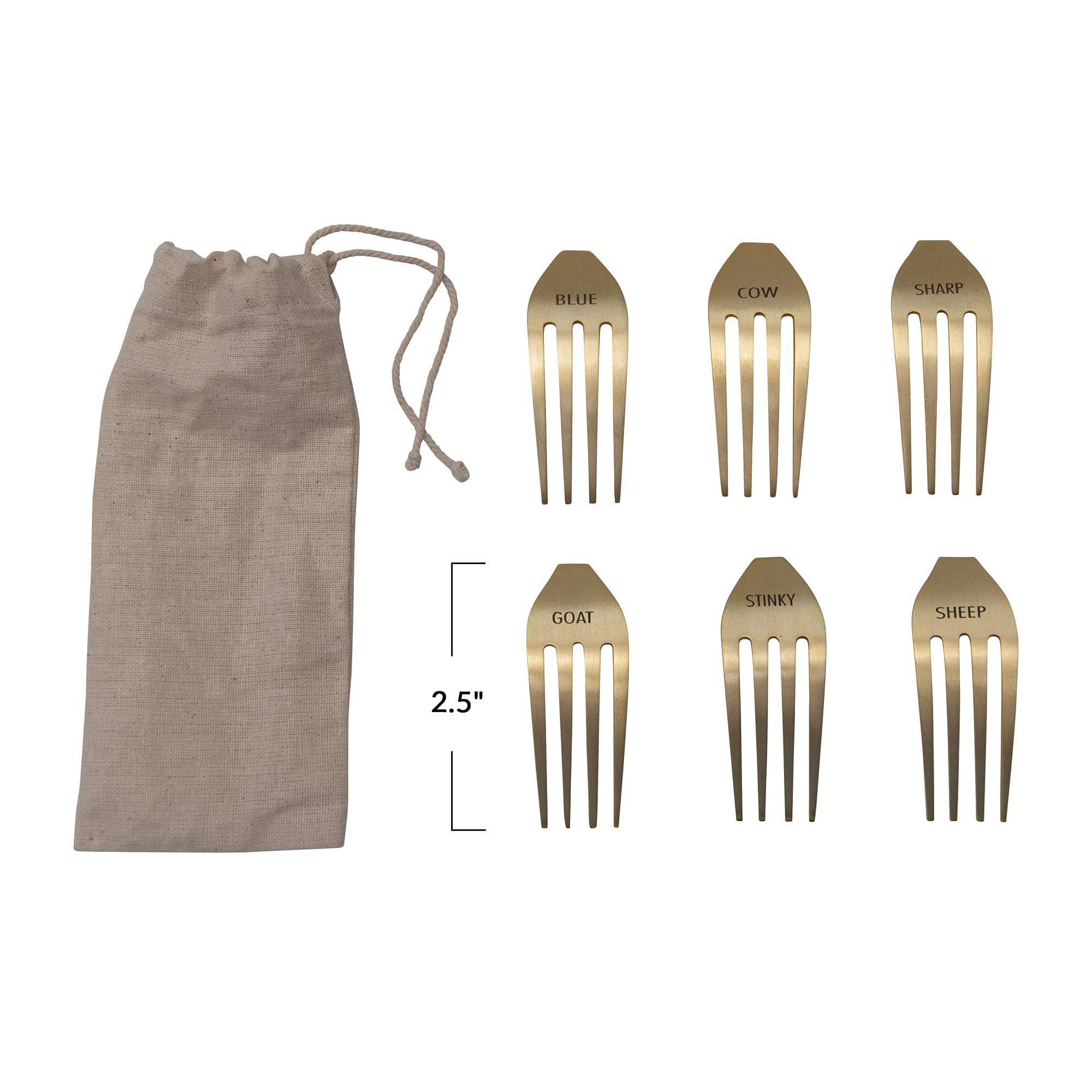 Creative Co-Op Stainless Steel Fork Cheese Markers with Drawstring Bag, Set of 6 Cutlery, Brass