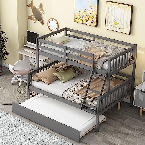 BIADNBZ Solid Wood Bunk Bed with Trundle Twin Over Full Size, Convertible 2 Bedframe with Ladder&Safety Rails, for Kids/Teens/Adults, No Box Spring Needed, Grey