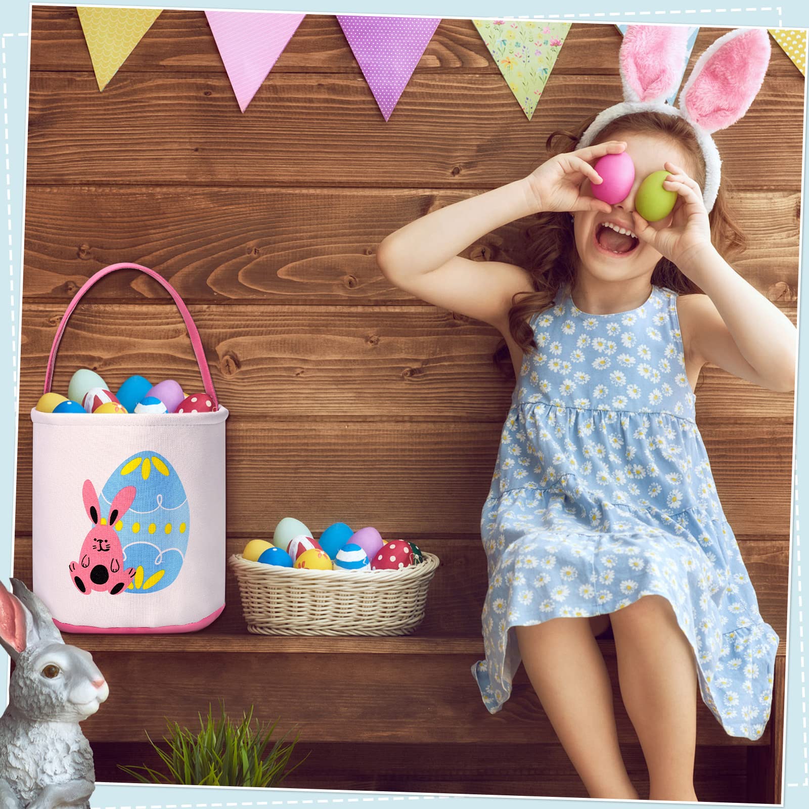 Honeydak 4 Pcs Easter Bunny Basket Bags for Kids Canvas Bunny Totes Bag Bucket for Easter Eggs Toys Rabbit Easter Hunt Basket with Handle Easter Party Decoration Personalized Eggs Candy Present Carry