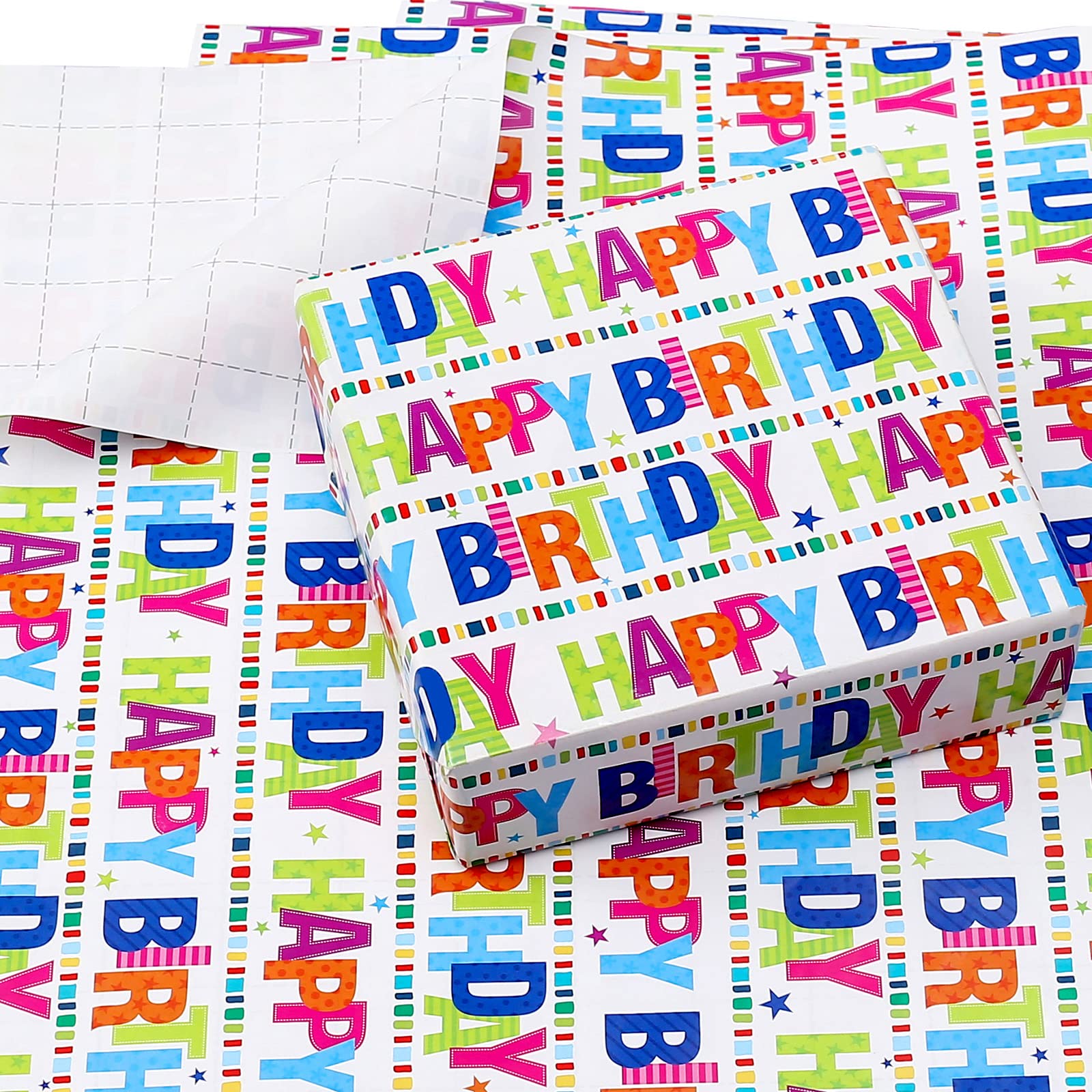U'COVER Happy Birthday Wrapping Paper for Girls Kids Boys 3 Large Sheet with Cut Line Gift Wrapping Paper for Women Men Baby Shower Holiday Birthday Gift Wrap Paper Folded Flat 27 x 39.4inch
