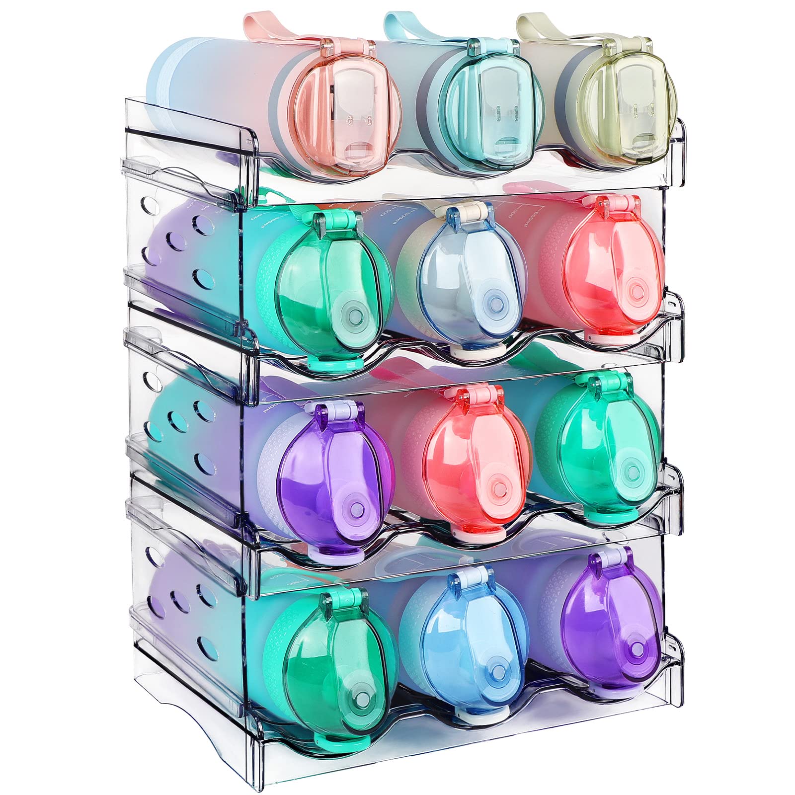 Boribim 4 Pack Stackable Water Bottle Organizer - Water Bottle Holder for Cabinet - Kitchen Pantry Organization and Storage Shelf, Plastic Fridge Wine Drink Racks, Tumbler Travel Mug Cup Organizer