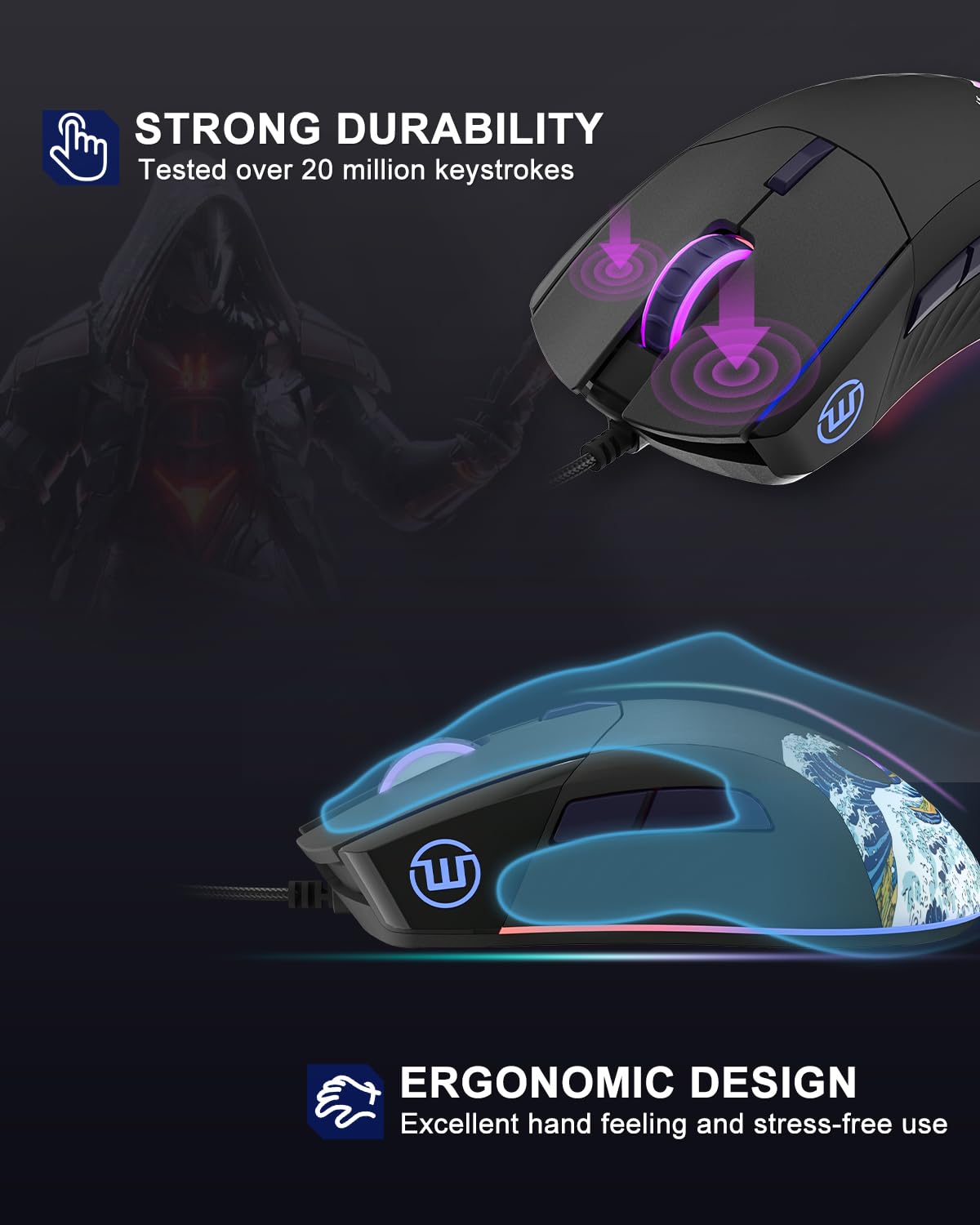COSTOM G705 Wired Gaming Mouse, RGB Backlit PC Gaming Mouse with Adjustable 12000DPI/7 Programmable Buttons, Gamer Computer USB Mouse for Windows Mac Laptop PC, Coral Sea Theme