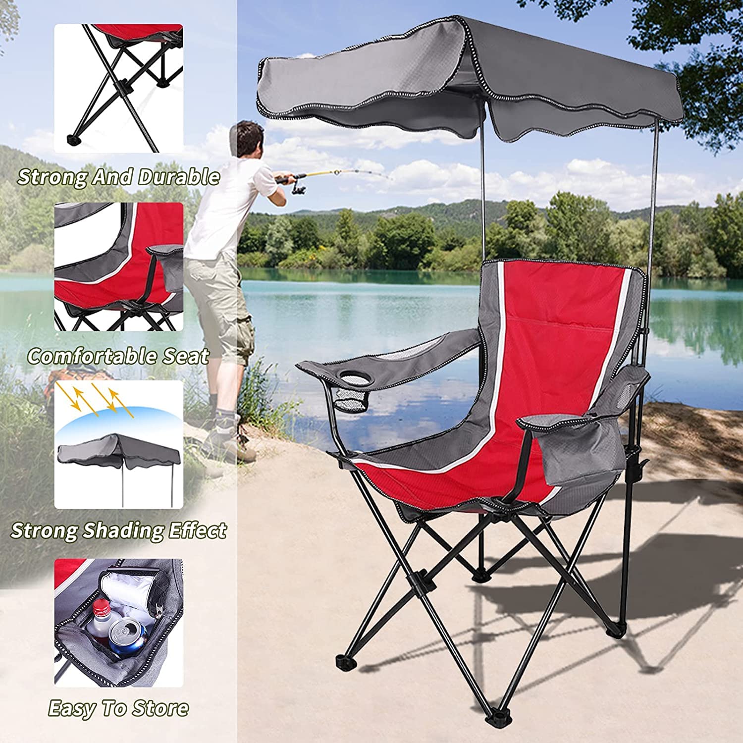 CAMP SOLUTIONS Camp Chair with Shade Canopy， Folding Camping Chairs for Adults， Portable Chair Recliner Support with Carrying Bag