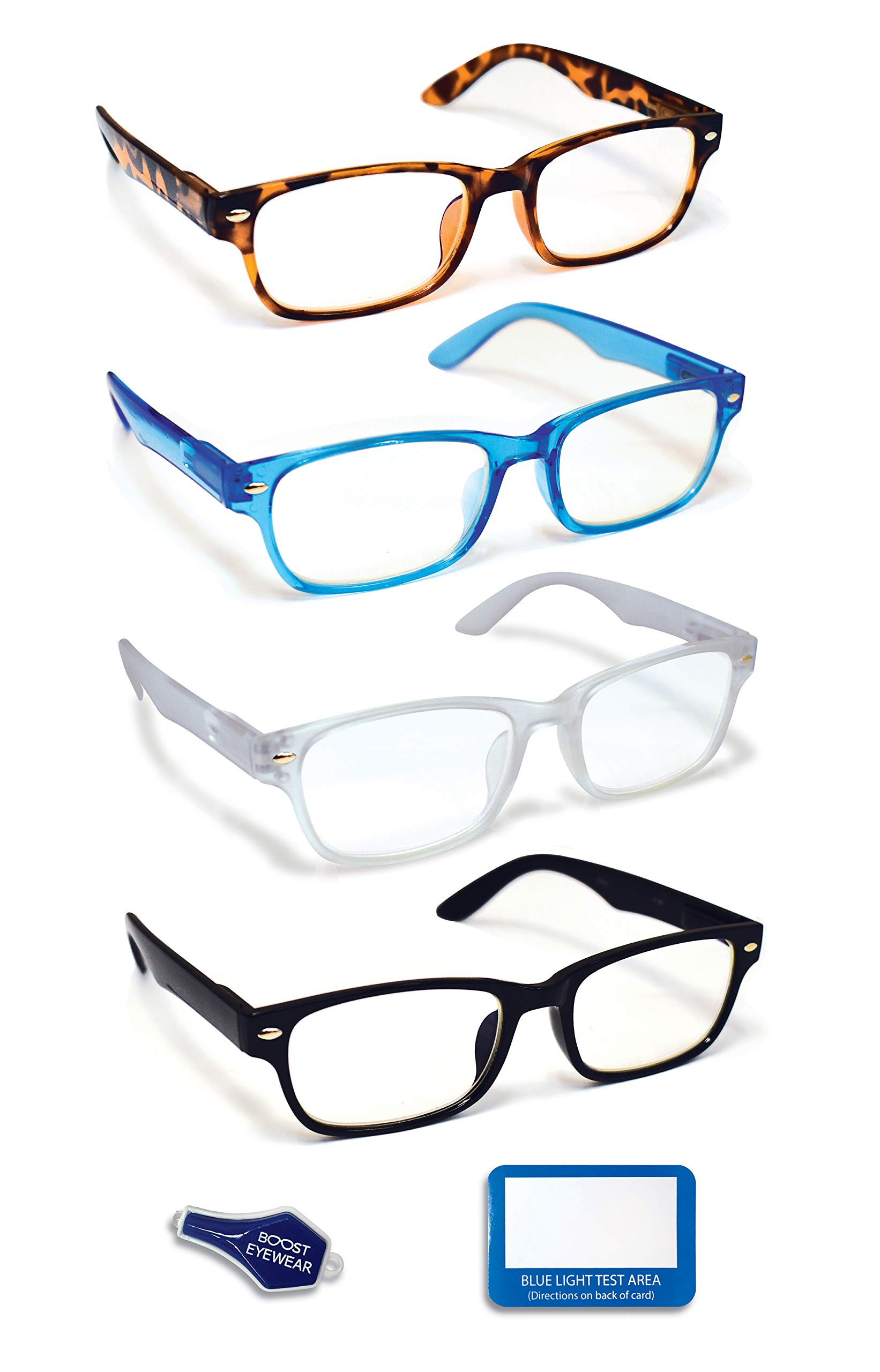 Boost Eyewear Blue Light Blocking Reading Glasses, 4 Pack, Antiglare Lenses, Traditional Style Frames in 4 Fashionable Colors, for Men and Women, with Spring Loaded Hinges (Assorted Colors, 1.25)