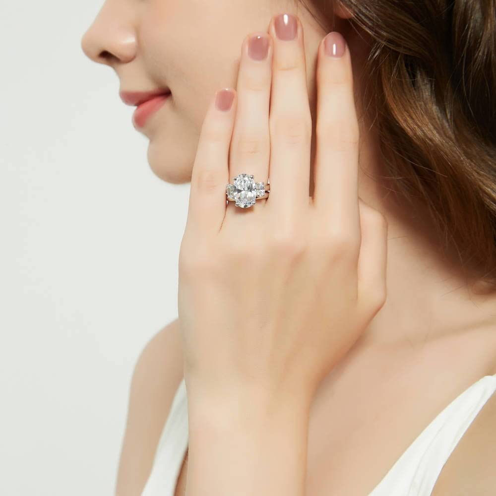 BERRICLE Sterling Silver 3-Stone Wedding Engagement Rings Oval Cut Cubic Zirconia CZ Ring Set for Women, Rhodium Plated Size 6