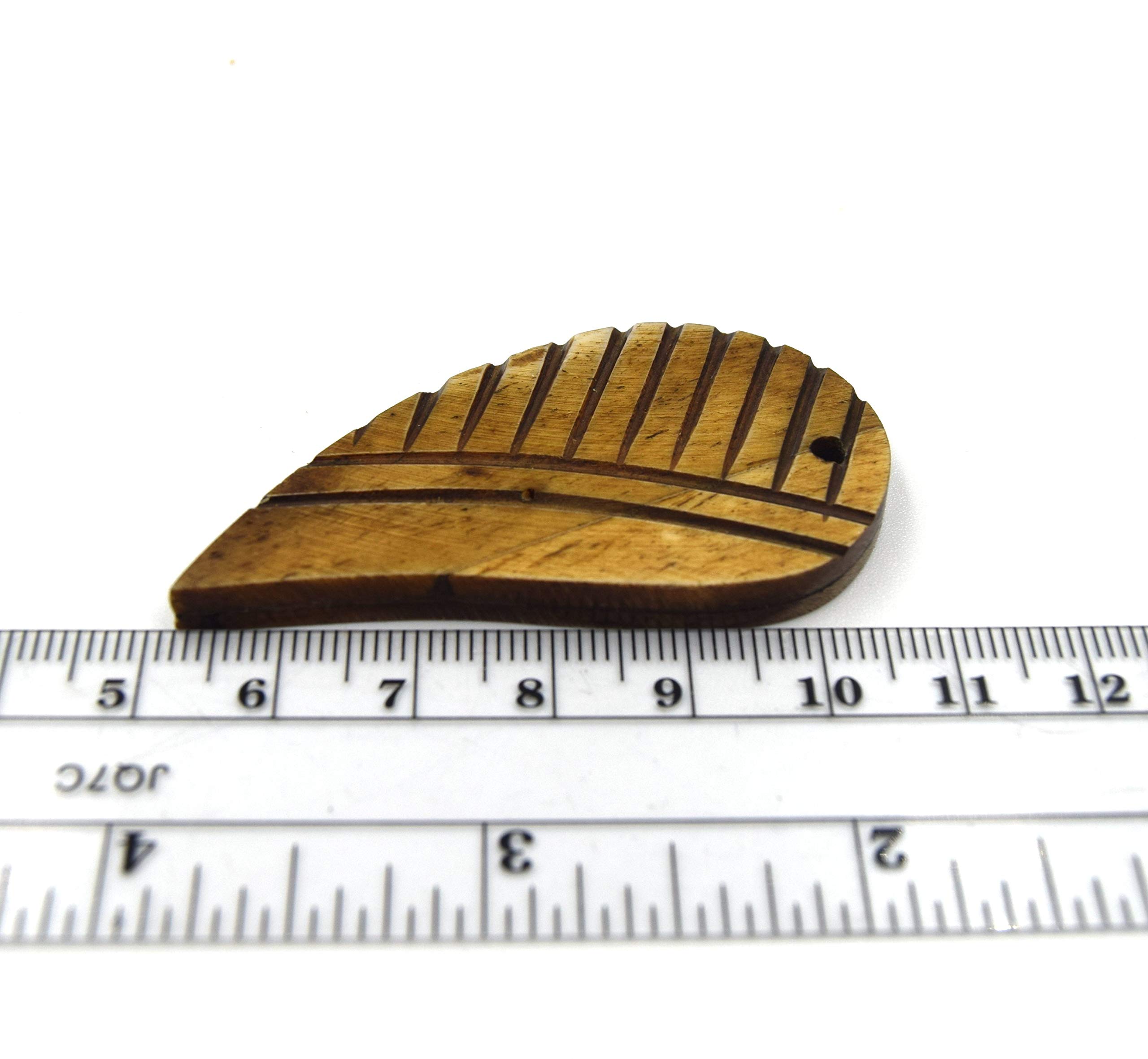 Bone Pendant | 2.5" Inch Feather Shaped Natural Ox Bone with One Gold Suspension Ring | White, Light Brown, Dark Brown - White