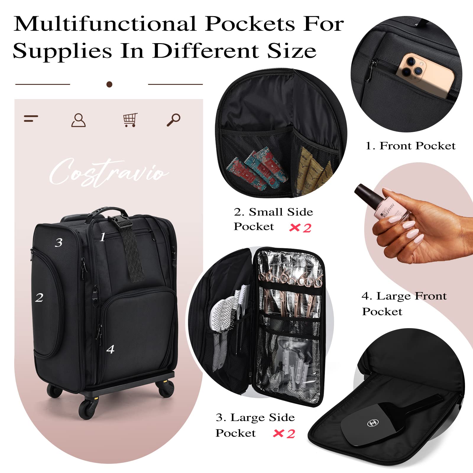 Costravio Professional Makeup Case Soft-Sided Make-Up Artist Travel Case Nylon Cosmetology Rolling Train Case on Wheels for Hair Stylist Nail Tech Storage Cosmetic Organizer with Removable Bags Black