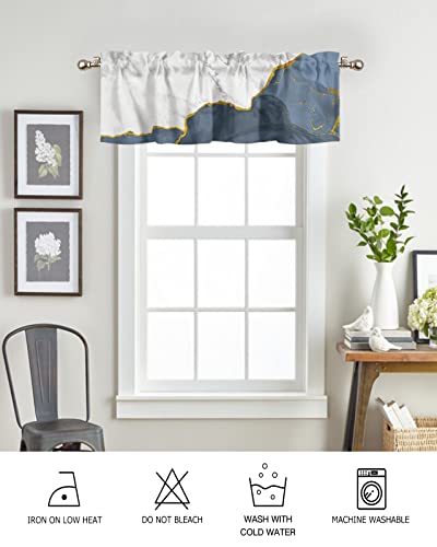 Marble Blue Haze Valance Curtains for Living Room/Bedroom/Bathroom/Kitchen Window,Rod Pocket Window Valance Tiers Small Curtain Drape Treatment,Modern Abstract Gold White Gray Panel Valance 60"x18"