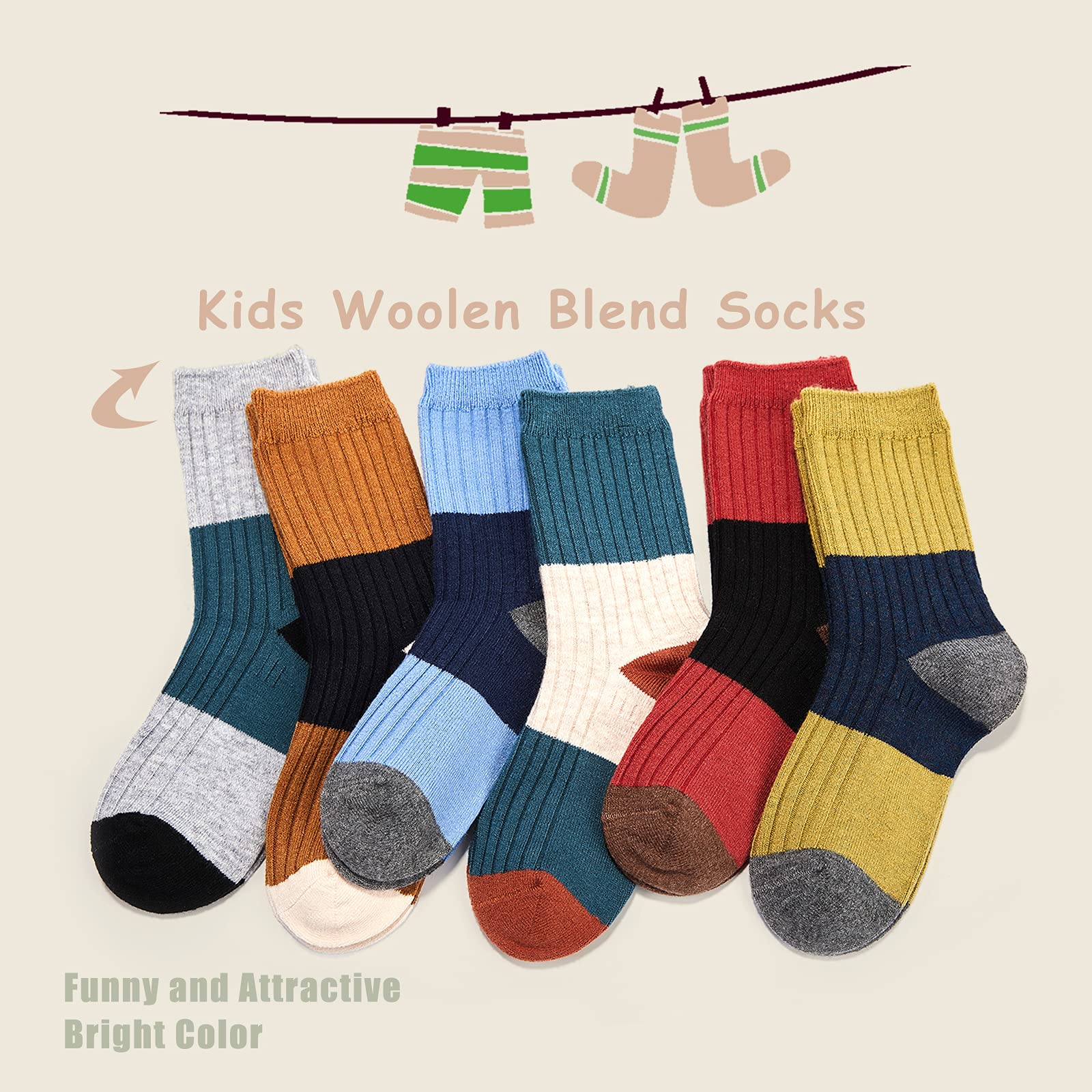 Big Boys Wool Socks Kids Warm Socks Winter Thermal Crew Socks 6 Pack 8-10 Years