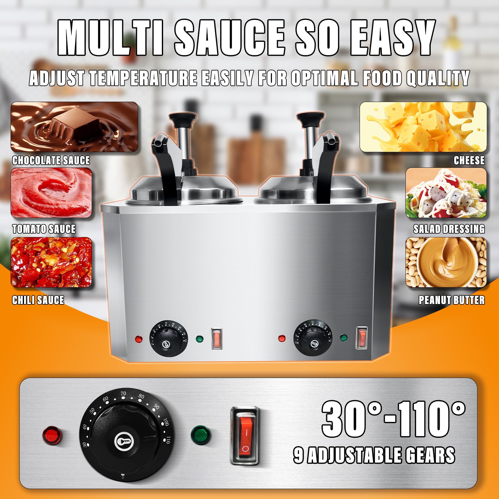 Nacho Cheese Dispenser, 4.8 QT Nacho Cheese Warmer, Stainless Steel Popcorn Butter Dispenser, with Pump 650W Nacho Cheese Machine, 30-110β Temp Adjustable, for Heating Caramel Cheese Chocolate