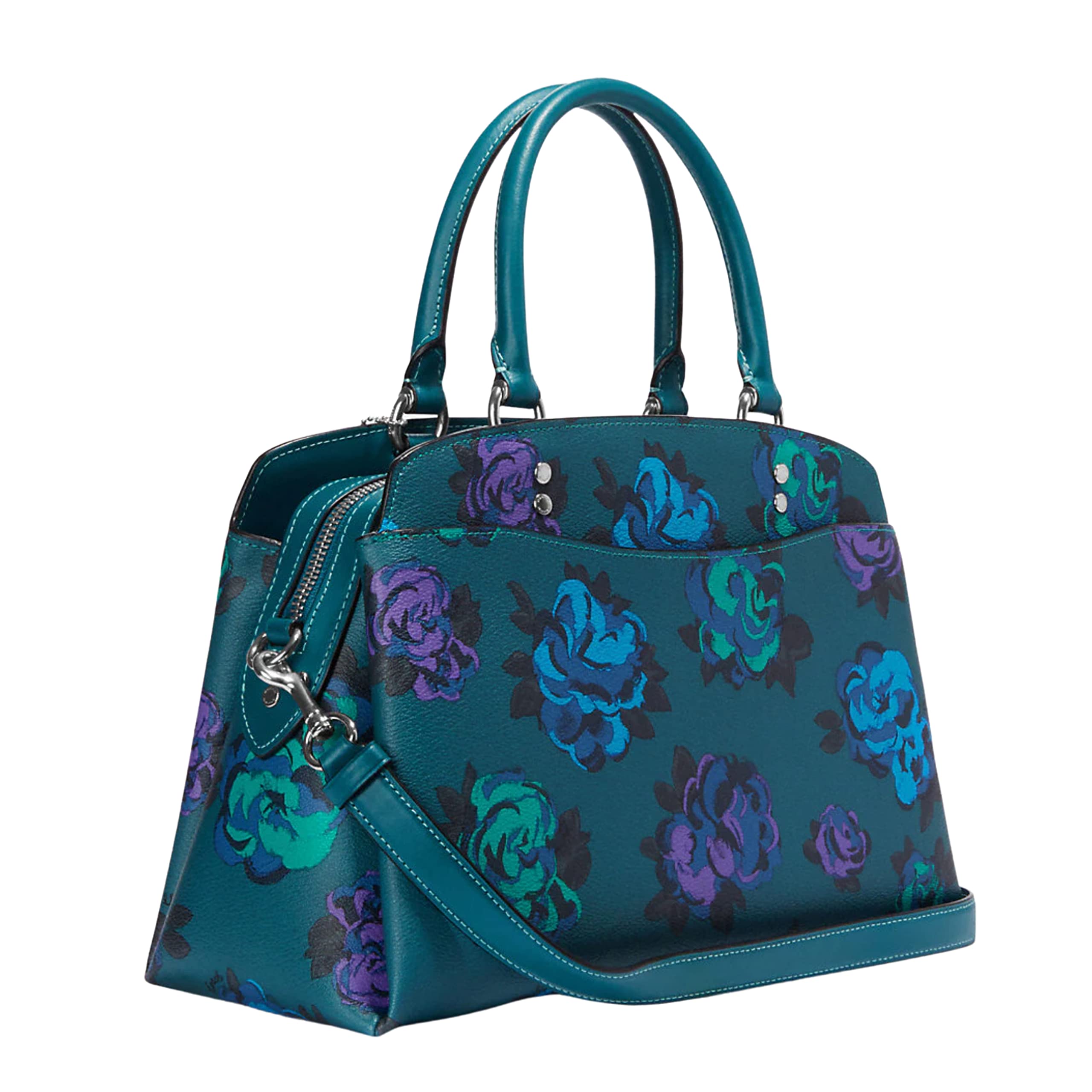 COACH Women's Lillie Carryall Top Handle Satchel Bag (Printed Coated Canvas - Jumbo Floral Print - Deep Turquoise Multi)