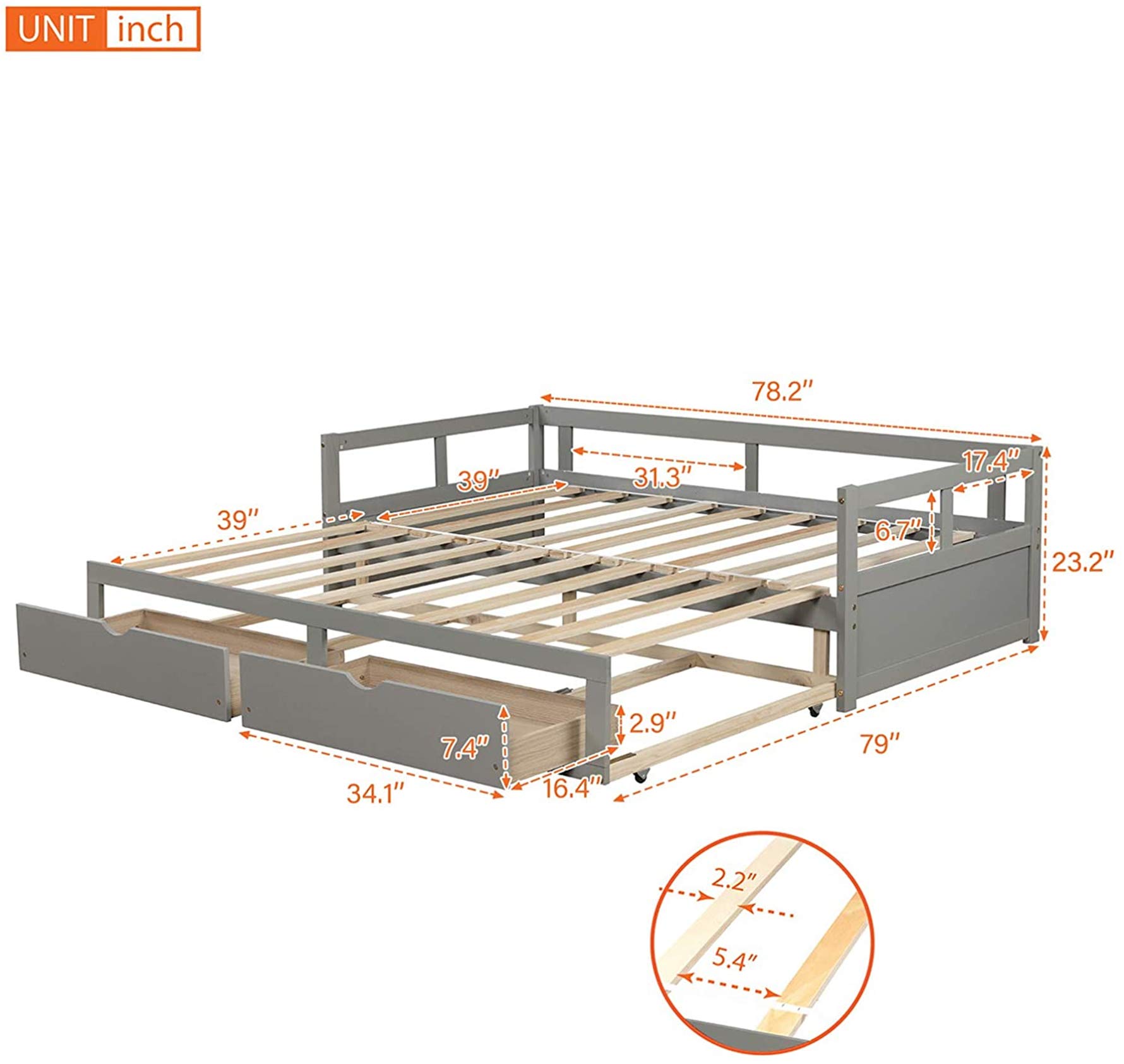 MERITLINE Daybed Frame with Two Storage Drawers, Twin to King Daybed Extendable Design,Wooden Sofa Bed for Bedroom Living Room,Grey