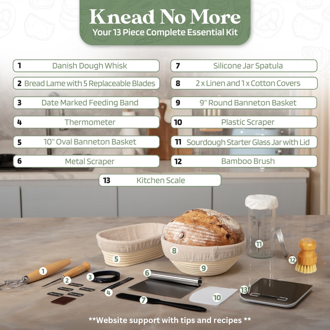 Complete Sourdough Starter Kit, Sourdough Bread Baking Supplies with Kitchen Scale, 9" Round & 10" Oval Banneton Proofing Baskets, Glass Starter Jar, Bread Lame, Danish Whisk & More.