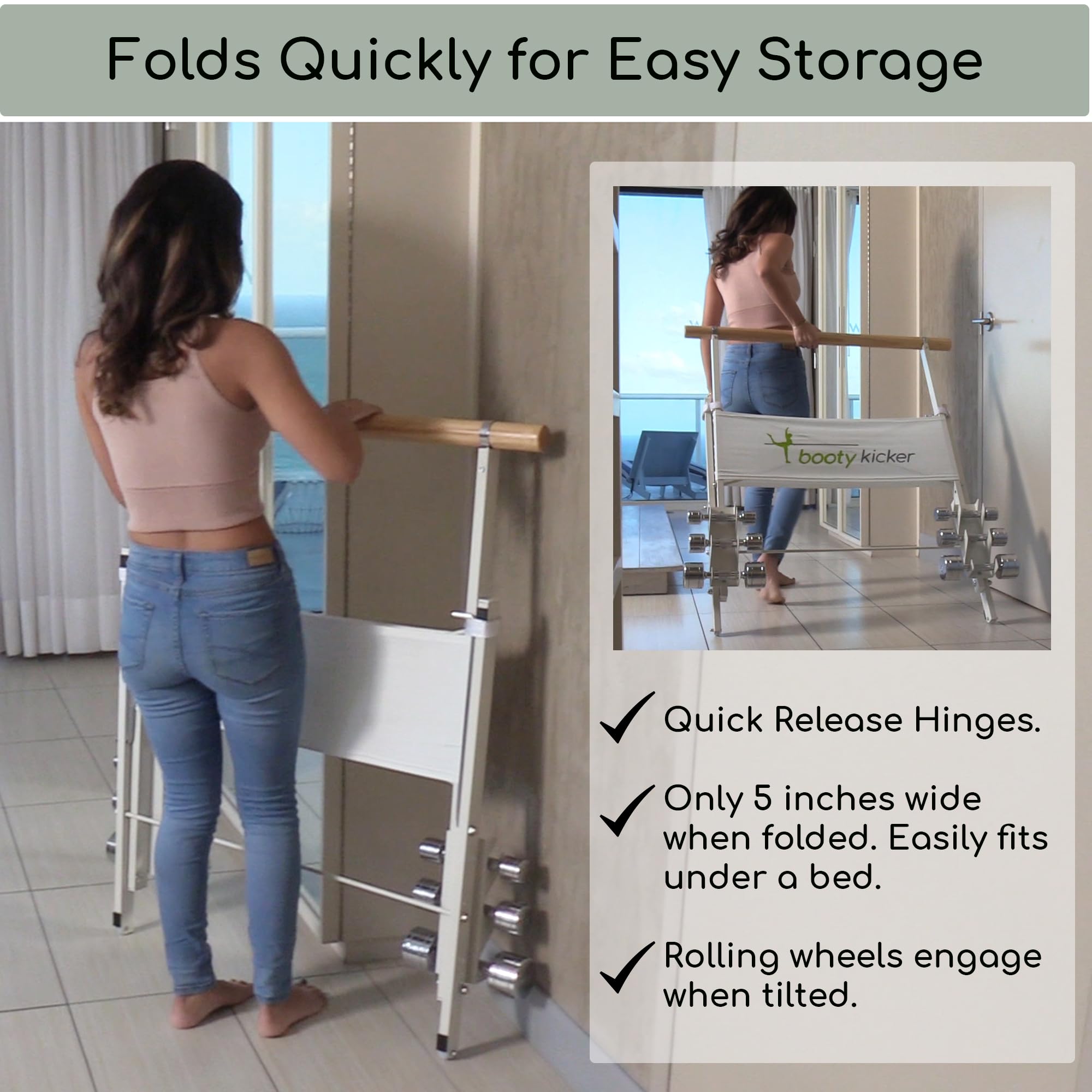 Booty Kicker β Home Fitness Exercise Barre, Folds Flat, Portable, Storable, Strong Angular Design for Pushing, Pulling, Balance & Ballet Exercises, Wood, Steel, Nickle, Perfect for Barre Workouts