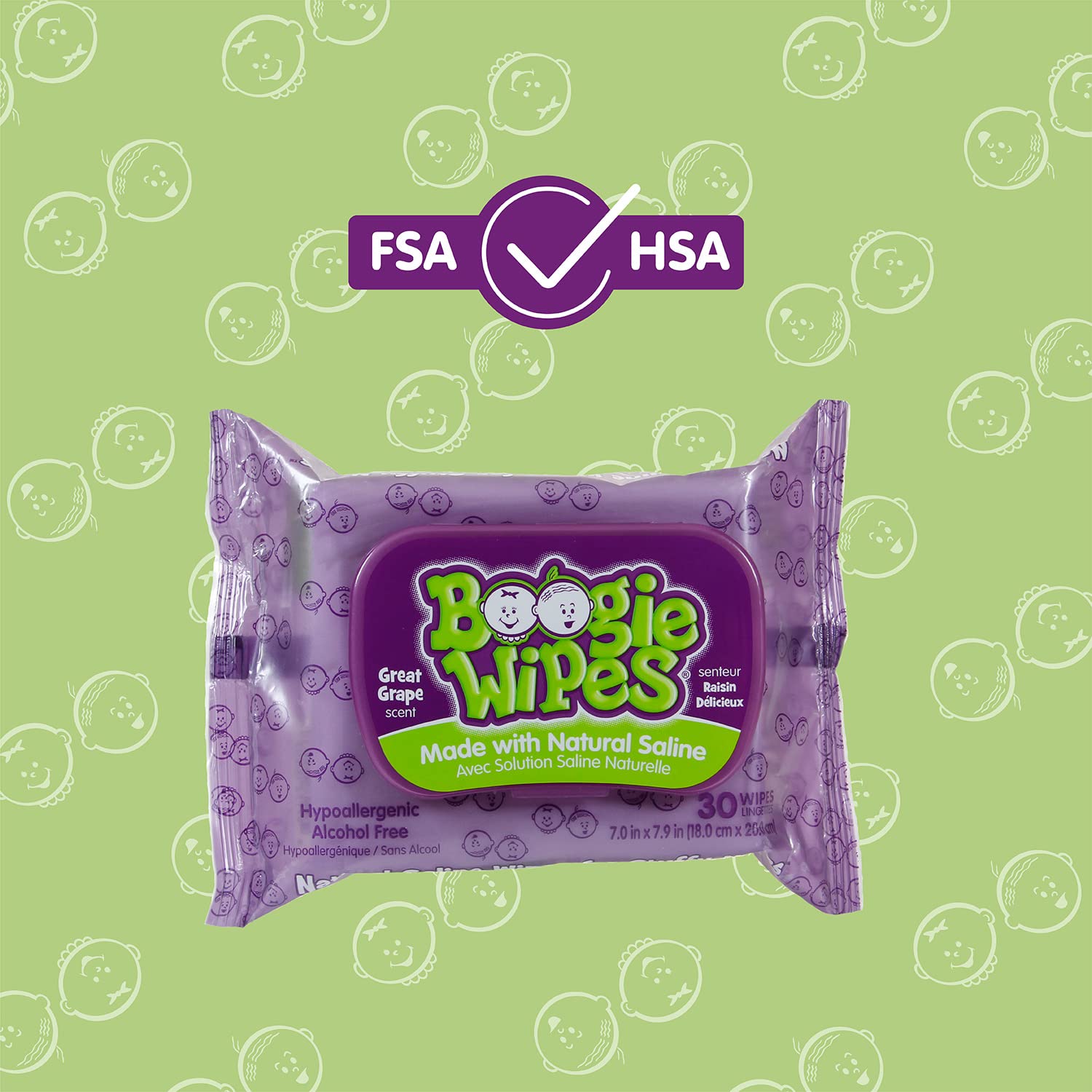 Saline Nose Wipes by Boogie, for Baby & Kids, Face, Hand & Body, FSA/HSA Eligible, Made with Vitamin E, Aloe, and Natural Saline, Grape Scent, 30 Count (Pack of 12)