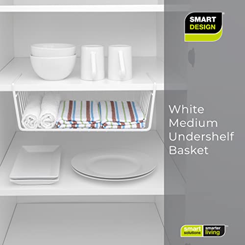Smart Design Undershelf Storage Basket - Medium - Snug Fit Arms - Steel Metal Wire - Rust Resistant Finish - Cabinet, Pantry, Shelf Organization - Kitchen (16 x 5.5 Inch) [White]