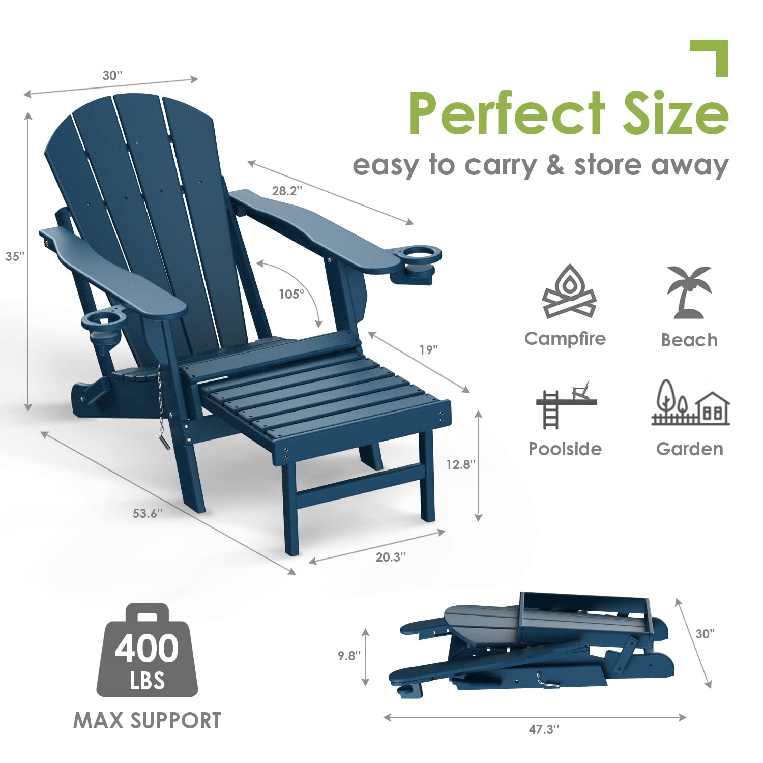 GREENVINES Adirondack-Chairs-with-Ottoman | Set of 2 | Folding | Retractable-Footrest | HDPE Plastic | All Weather Fire Pit Chair | Cup Holders | Blue | for Outdoor Poolside