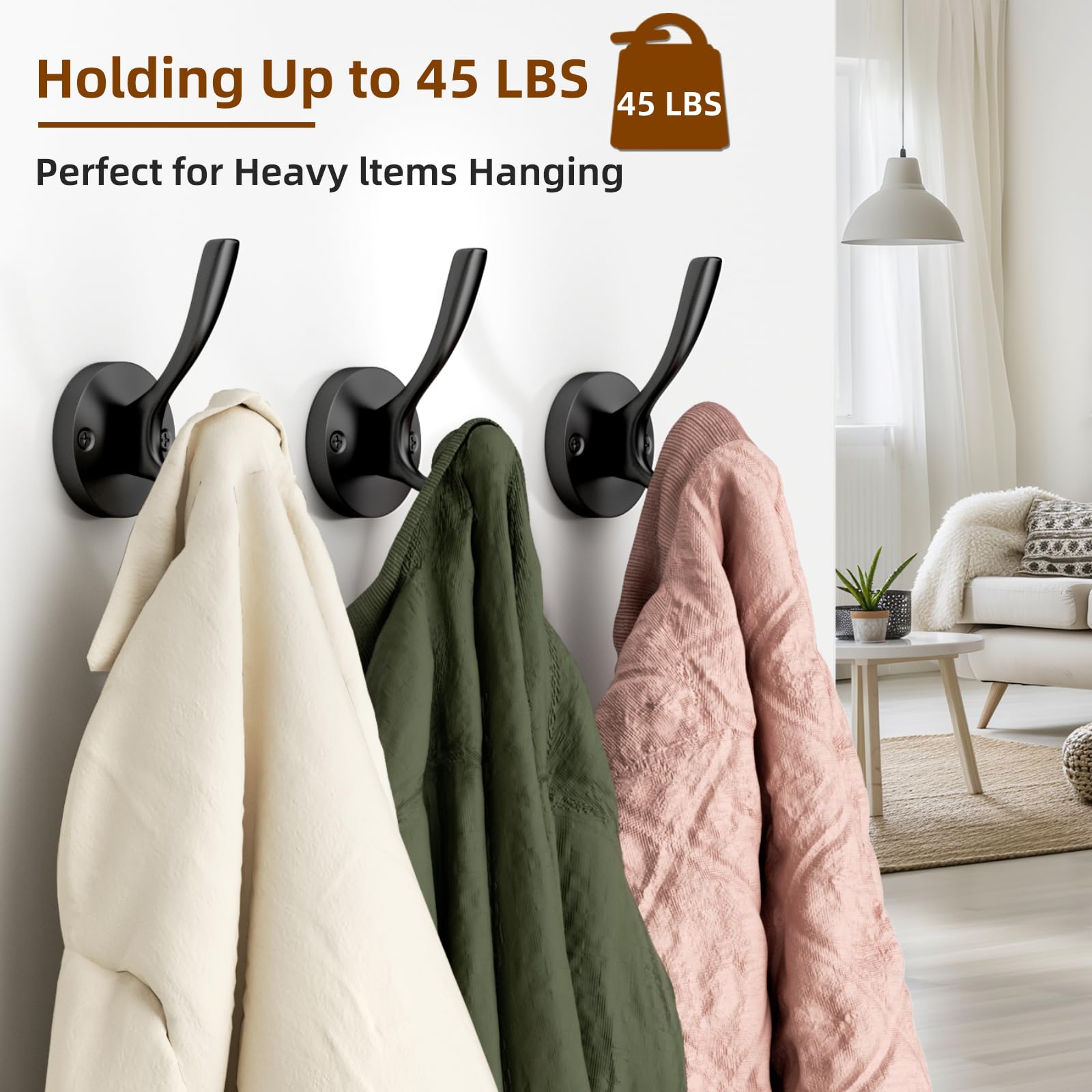 ZUONAI Matte Black Coat Hooks 2 Pack Black Metal Wall Hooks for Hanging Coat and Hat Hook Black Hooks for Wall Hooks for Coats Heavy Duty Black Towel Hook for Hanging Coats Bedroom Hooks