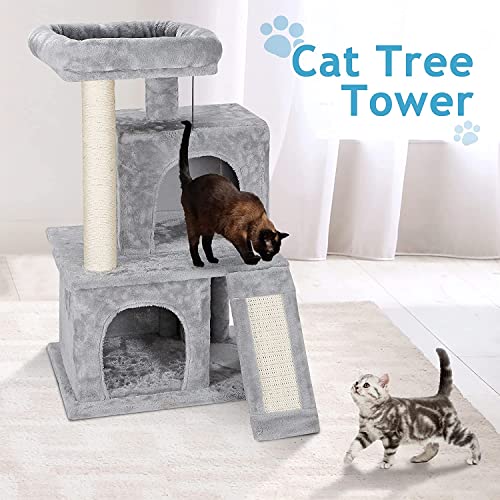 Nova Microdermabrasion Cat Tree, 34 Inches Ultra Soft Plush Covering with Sisal Rope Posts for Scratching, House Furniture for Kittens, Grey