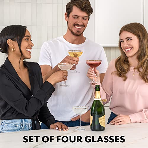Viper Kitchen Champagne Coupe Glasses Set of 4 - Cocktail Glassware with Art Deco Gold Rim for Vintage Martini, Manhattan, or Daiquiri - Speakeasy Style Glass 5 oz