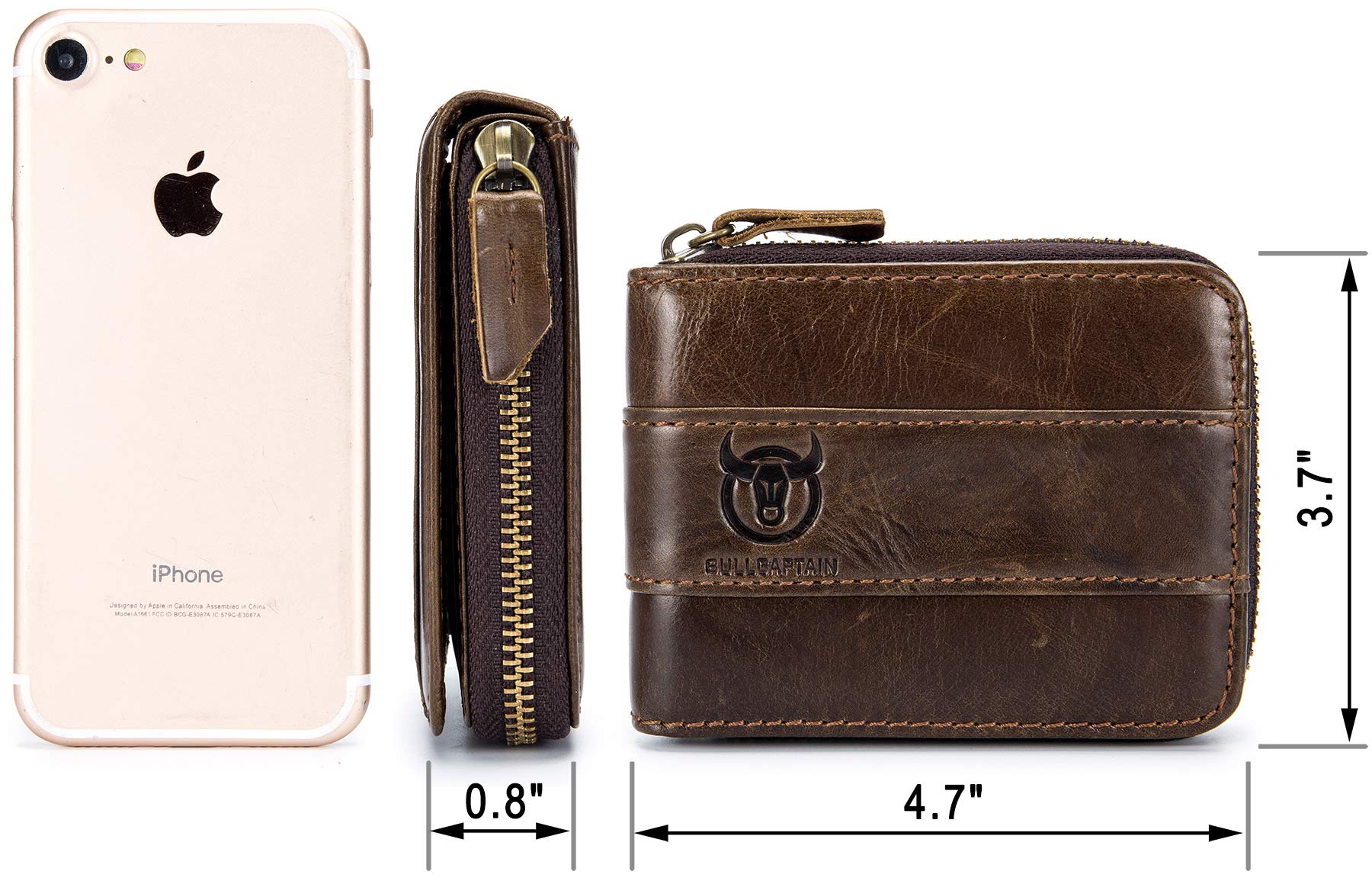 BULLCAPTAIN RFID Blocking Men’s Wallet,Genuine Leather Zip Around Vintage Multi Card Holder Zipper Wallet for Men Bifold Purse With ID Window(Brown)
