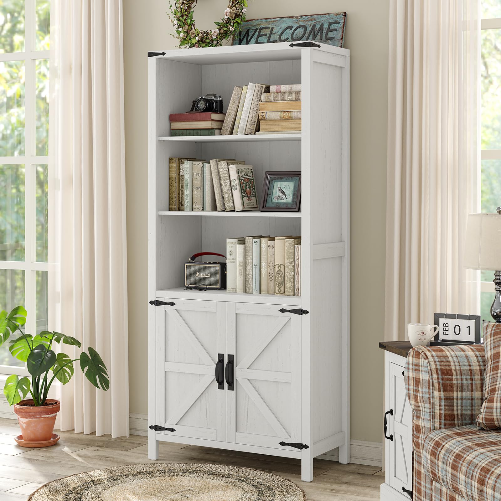 Furnihold Farmhouse Bookcase and Bookshelf with Doors, 5-Shelf Bookcase Adjustable Bookshelf, Wood Bookcase Tall Storage Cabinet for Bedroom, Office Room, Living Room, Off White