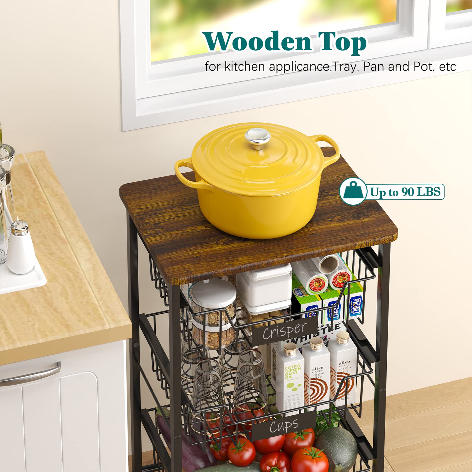 CHLORYARD 4-Tier Vegetable Fruit Basket Kitchen Storage Rolling Cart on Wheels with Pull-Out Baskets and Wood Top for Kitchen Diningroom Pantry