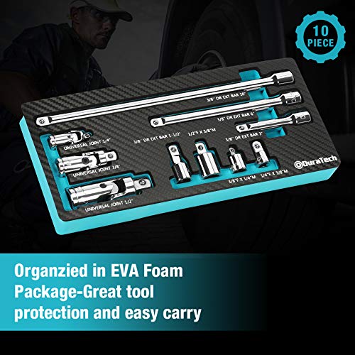 DURATECH 10-Piece Socket Accessory Kit, Includes 3/8β Drive Extension Bar Set, 1/4β, 3/8β & 1/2β Drive Universal Joints and Adapters, with EVA Foam Tool Organizer, Cr-V Steel Made