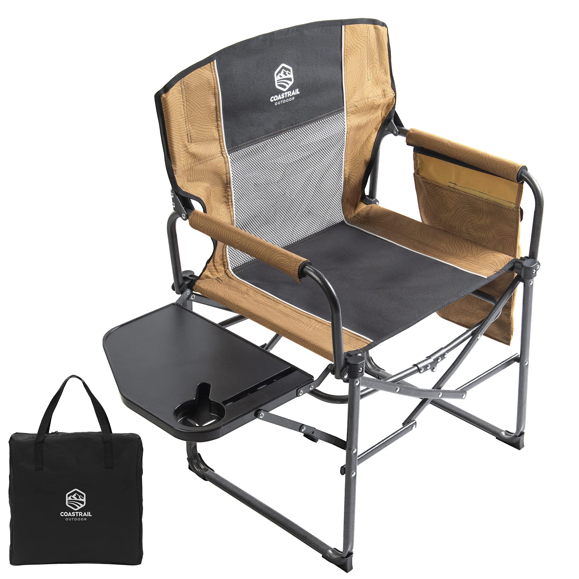 Coastrail Outdoor Directors Chair Extra Compact Folding Camping Chair with Large Side Table, Breathable Mesh Back, Cup & Phone Holder, Storage Pockets & Handle, Bonus Carry Bag,Khaki, X-Large