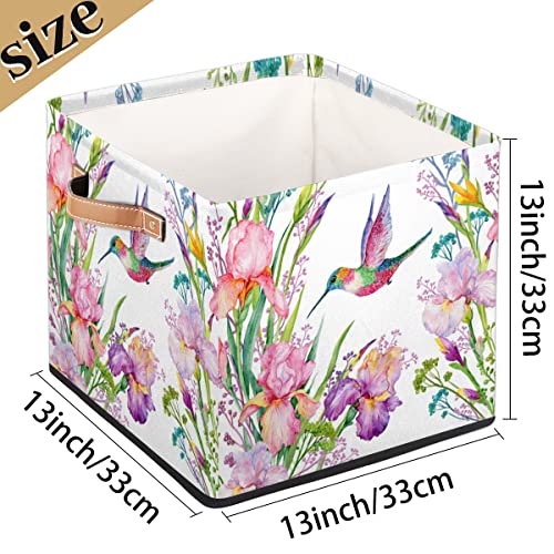 DJYQBFA Storage Basket Hummingbird Flowers Watercolor Collapsible Storage Bin with Handles Large Canvas Storage Cubes Toy Basket for Shelves Closet Nursery Cabinet Living Room Organizer 13x13x13