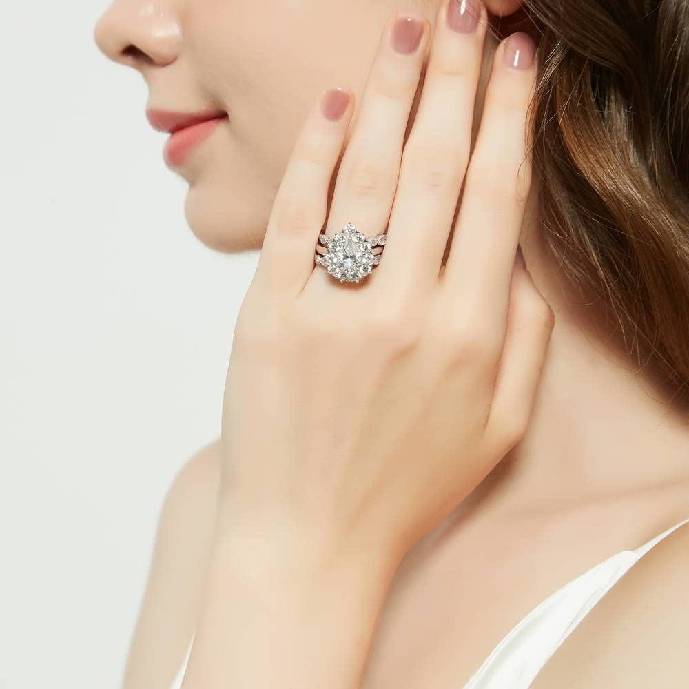 BERRICLE Sterling Silver Halo Wedding Engagement Rings Pear Cut Cubic Zirconia CZ Ring Set for Women, Rhodium Plated Size 8