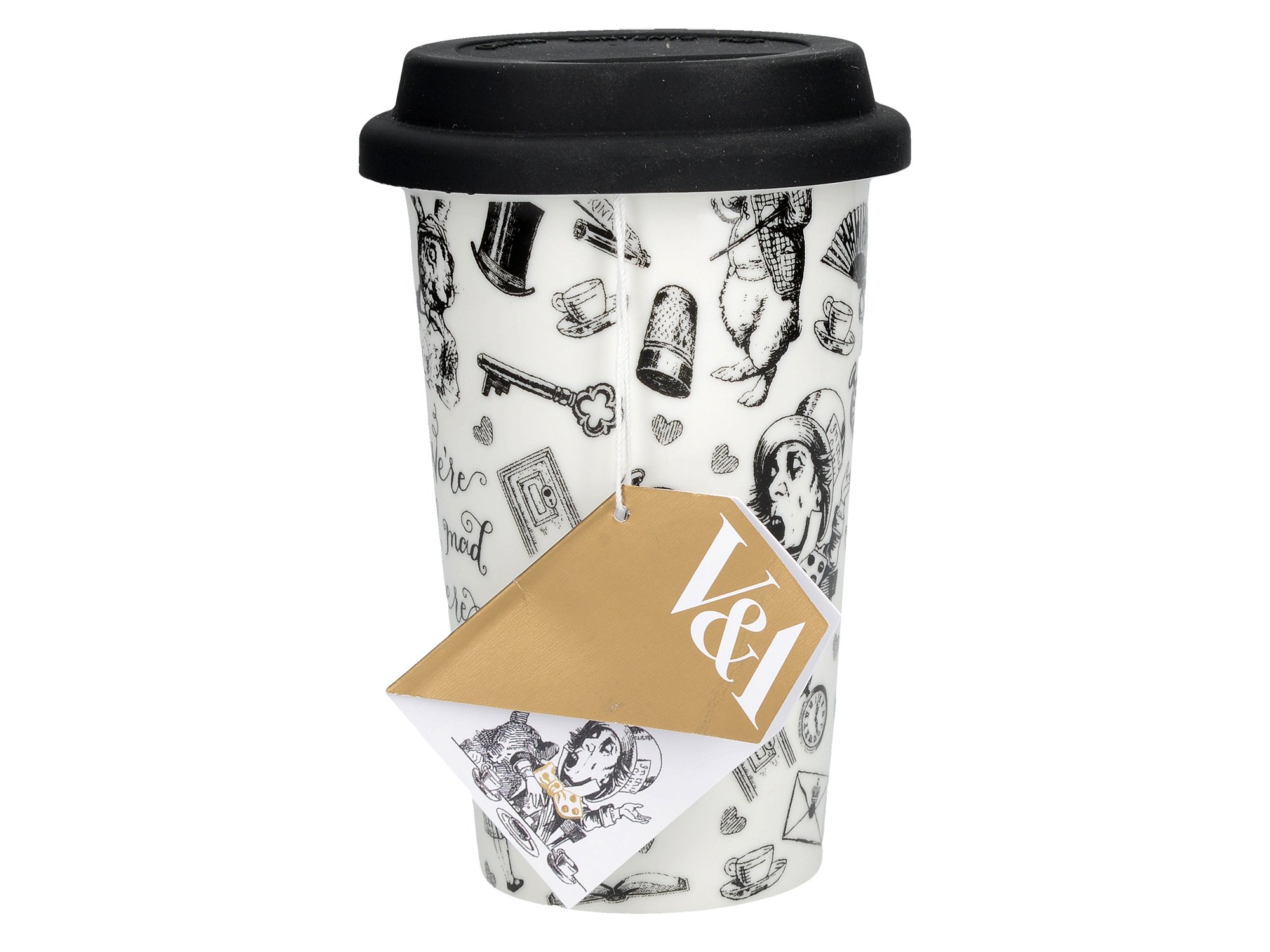 CreativeTops Victoria and Albert 'Alice in Wonderland' Ceramic Travel Mug – Black and White
