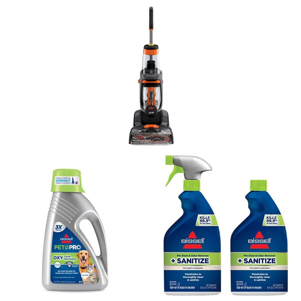Bissell ProHeat 2X Revolution Pet Full Size Upright Carpet Cleaner, Orange + Professional Pet Carpet Cleaner Shampoo, 48 Oz, Silver + Pet Stain & Odor Remover + Sanitize Formula, 2 Pack, 22 Fl oz