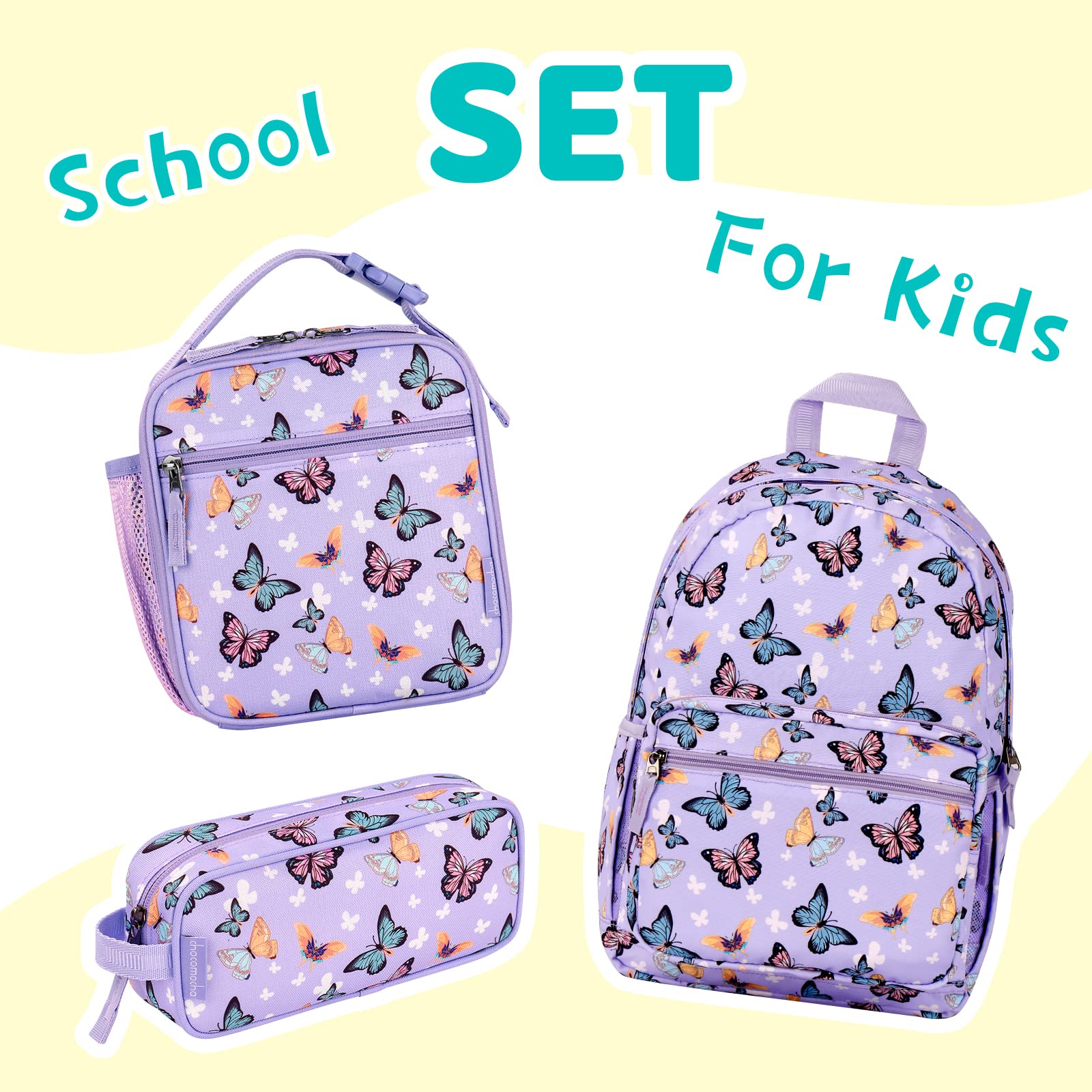 Choco Mocha Girls Lunch Box for School, Butterfly Lunch Bag for Kids, Purple