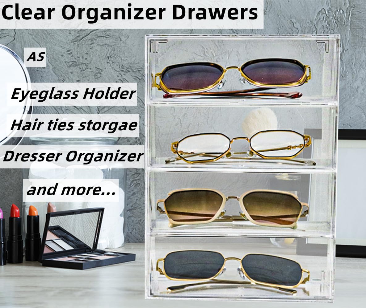 Fordonral Clear Plastic Sunglass Organizer, Transparent Glasses Holder 4 Storage Drawers, Sunglass Case Glasses Display Stand, Acrylic Organizers for Organizing Eyeglass, Hair Ties, Accessories