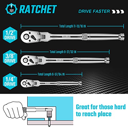 DURATECH 3-Piece Flex-Head Ratchet Set, 1/4", 3/8", 1/2" Drive ratchet, 72-Tooth with Quick-Release Reversible Design, Chrome Alloy Made, Fully Polished, Organized in Storage Case