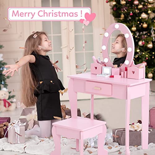 Bophy Girls' Vanity Table and Chair Set, Kids Makeup Dressing Table with Lights & Wood Makeup Playset, Kids Vanity Set with Mirror & Drawer for Age 4-9, Pink (STM-101PA)