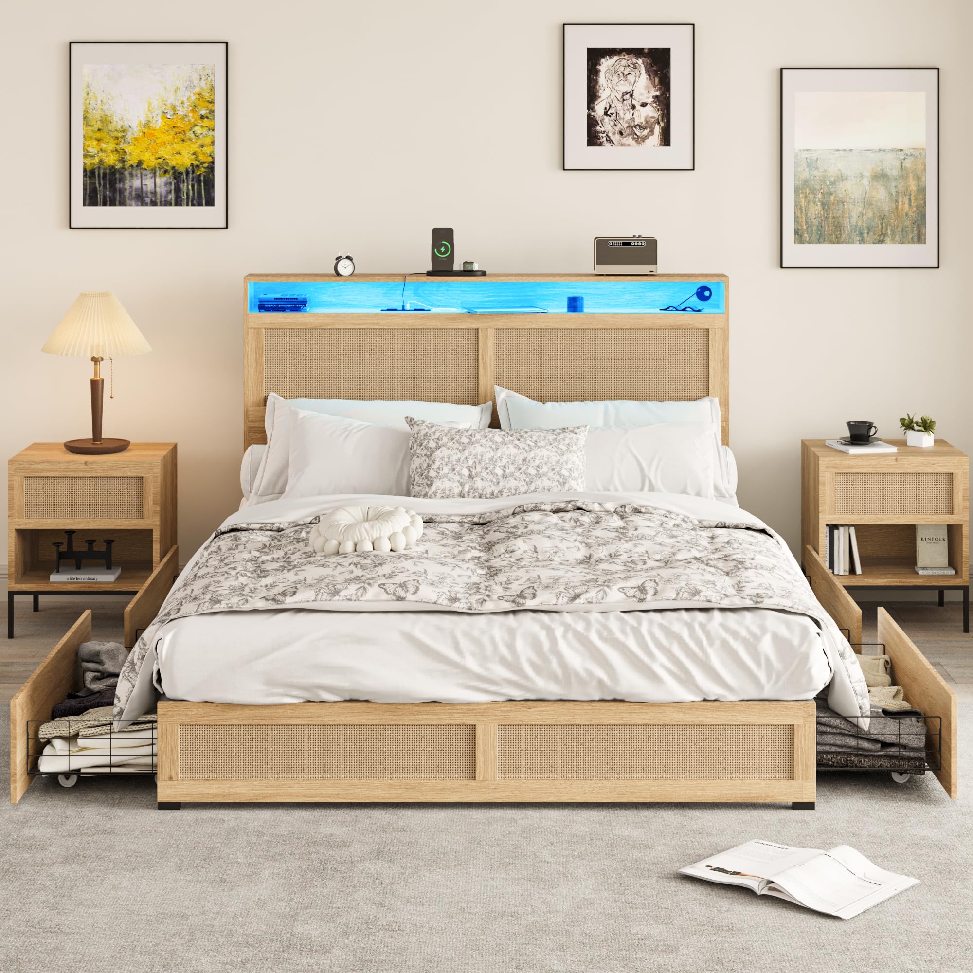 Fameill Queen Size Bed Frame with LED Light and 4 Drawers, Rattan Hidden Storage Headboard, Charging Station, Metal Platform Boho Bed Frame No Box Spring Needed