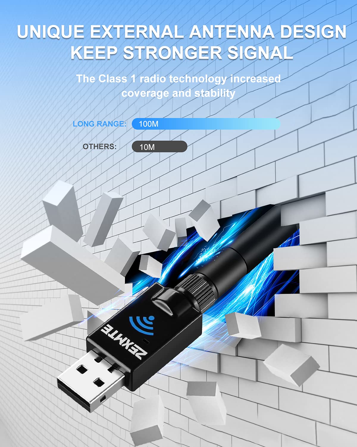 Long Range USB Bluetooth Adapter for PC USB Bluetooth Dongle Wireless Bluetooth Adapter for Headphones Speakers, 328FT / 100M,5.0 Bluetooth Transmitter Receiver for Windows 10/8 / 8.1/7