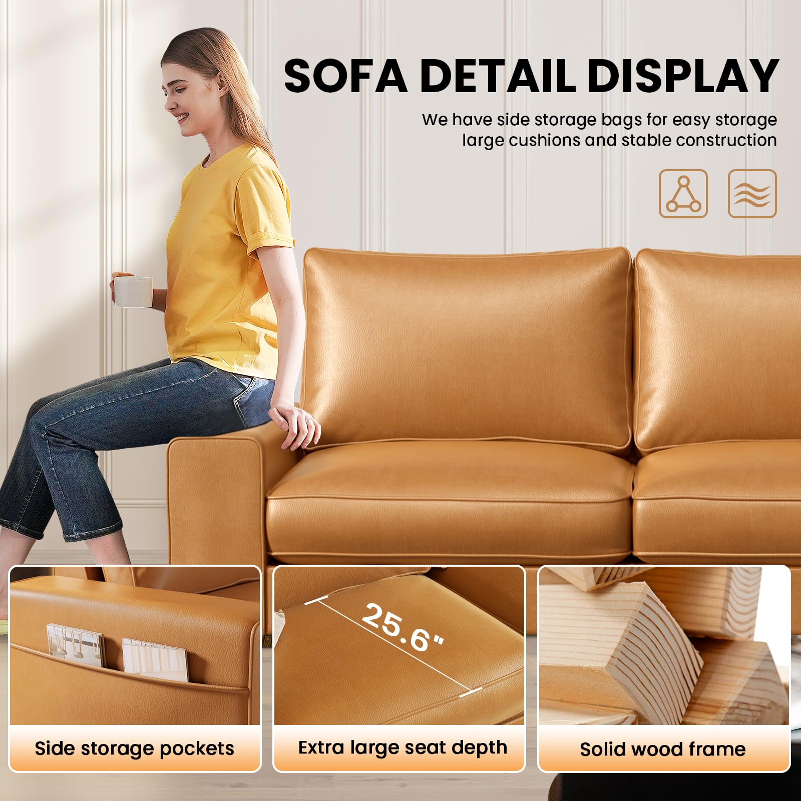 COUCHOICE Modern Faux Leather Sofa Couch,Loveseat Sofa,Small Sofa,with Spring Cushions and Solid Wood Frame,Removable Sofa Cover,Suitable for Living Rooms,Offices,Apartments(88.58inch,Brown)