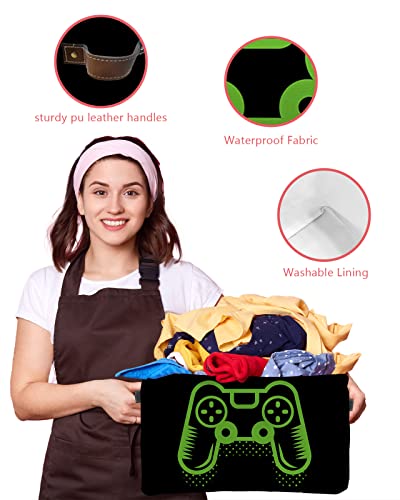 Gaming Cube Storage Organizer Bins with Handles,1PC 15x11x9.5 Inch Collapsible Canvas Cloth Fabric Storage Basket,Green Kids Game Video Games Gamepad Controller Black Kids' Toys Bin Boxes for Shelves